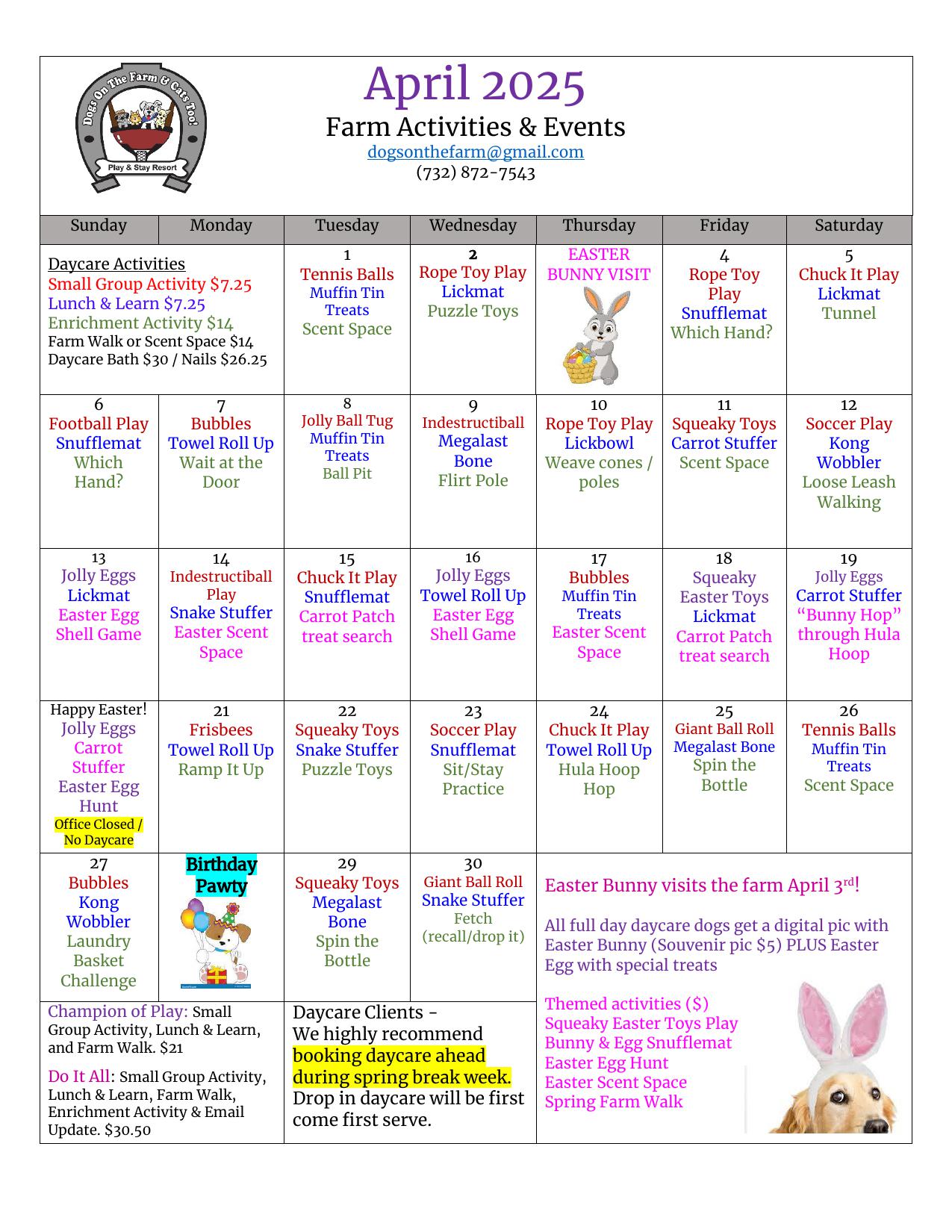 April Calendar Of Activities - Dogs on the Farm